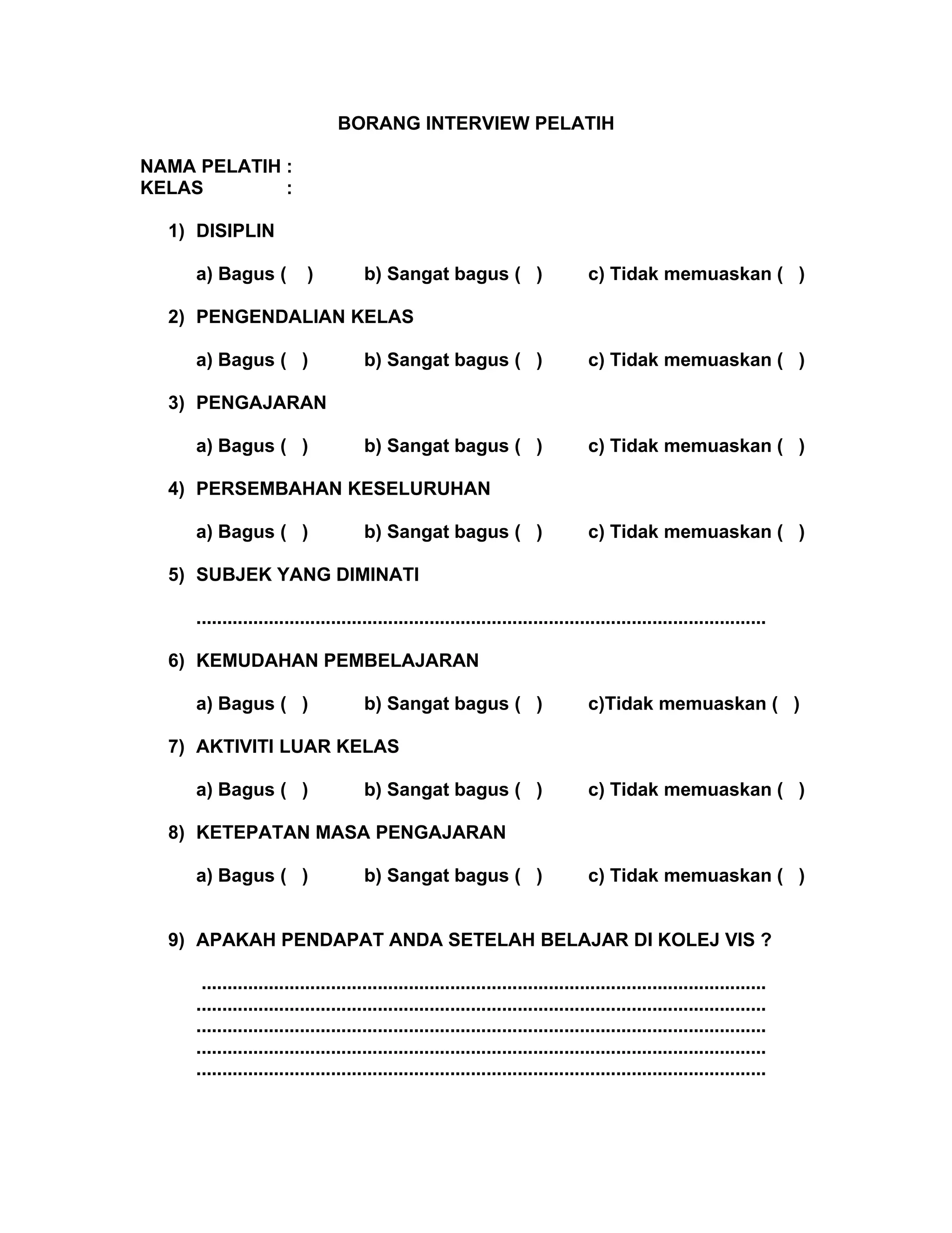 Borang interview pelatih | DOC