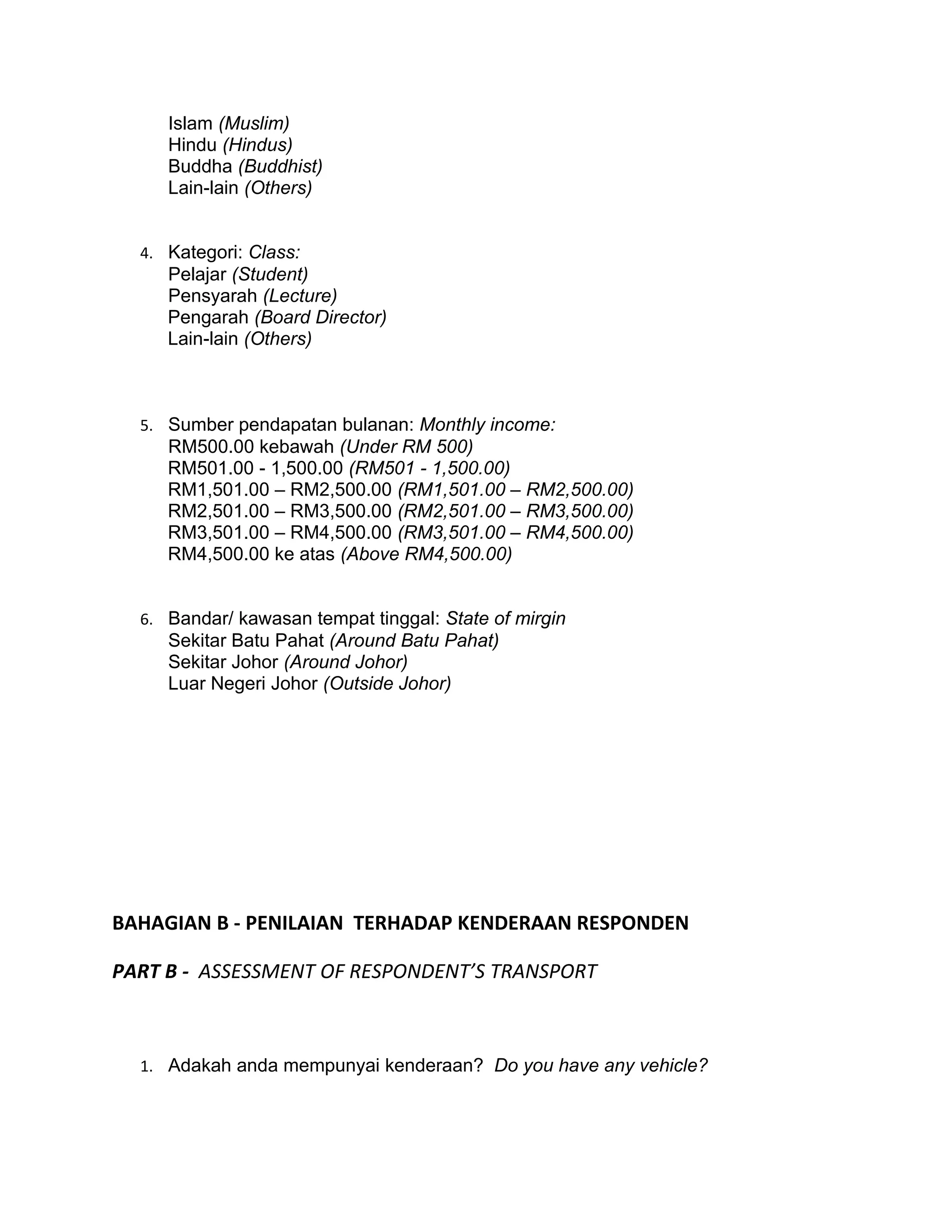 Borang kaji selidik kenderaan pelajar dan kakitangan iptho | PDF