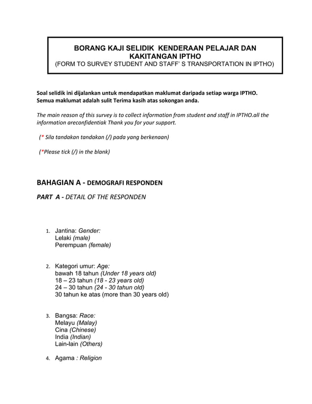 Borang kaji selidik kenderaan pelajar dan kakitangan iptho | PDF