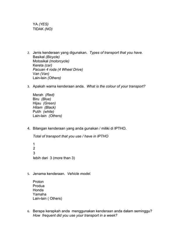 Borang kaji selidik kenderaan pelajar dan kakitangan iptho | PDF