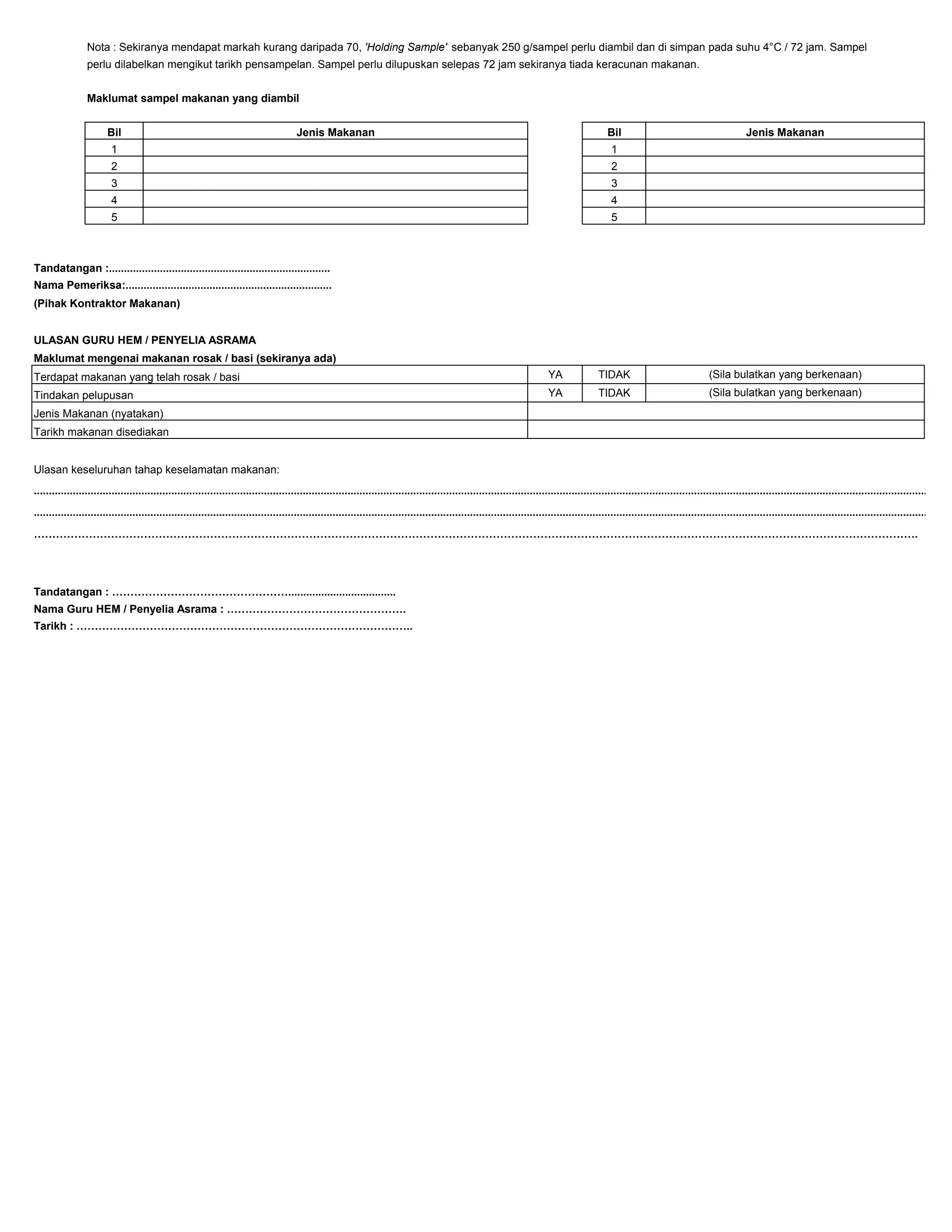 Borang kendiri 1A, 1B, 2 2011 laporan pemeriksaan kendiri kantin dan dapur asrama sekolah | PDF