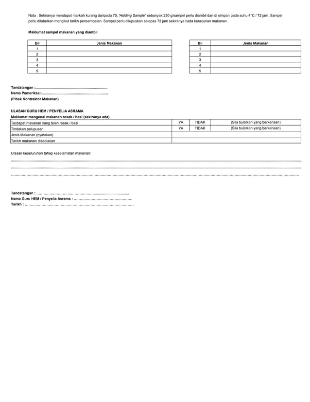 Borang kendiri 1A, 1B, 2 2011 laporan pemeriksaan kendiri kantin dan dapur asrama sekolah | PDF