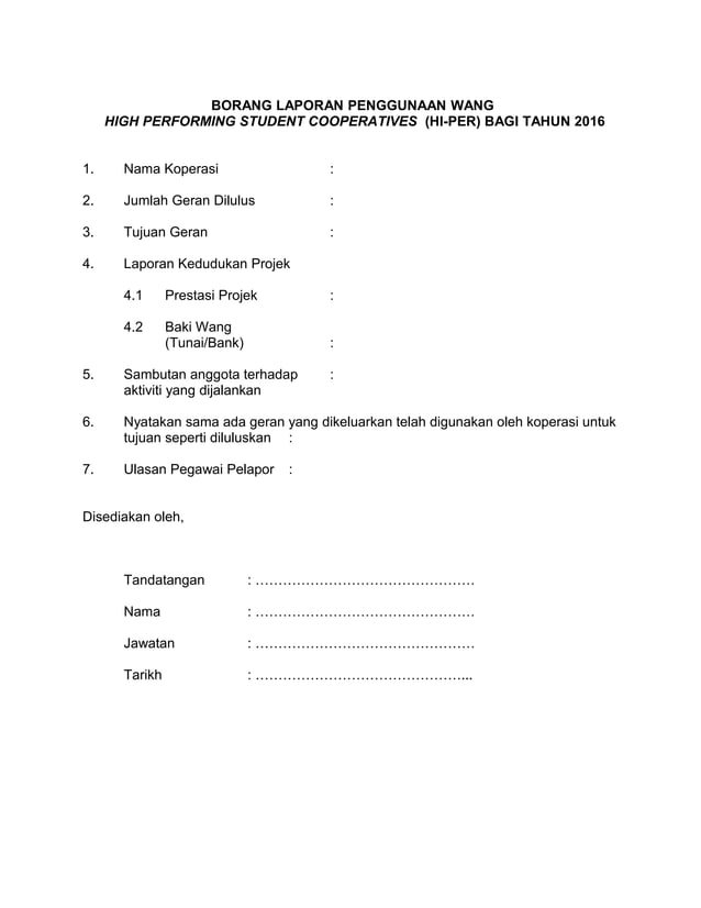 Borang laporan kemajuan penggunaan wang projek hiper | DOC