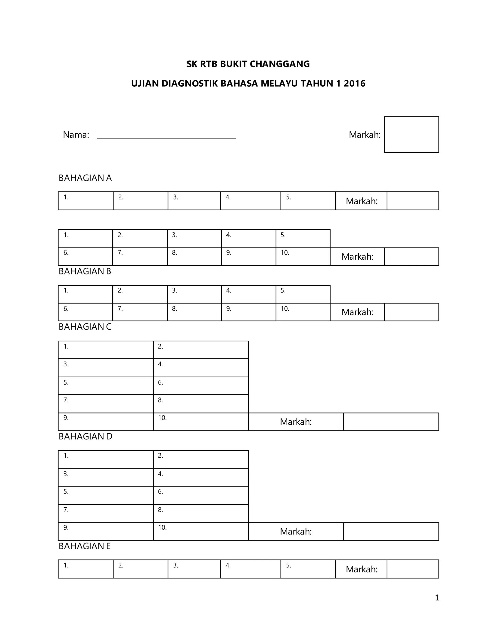 Contoh Borang Markah bagi Ujian Diagnostik Lisan Tahun 1 | DOCX
