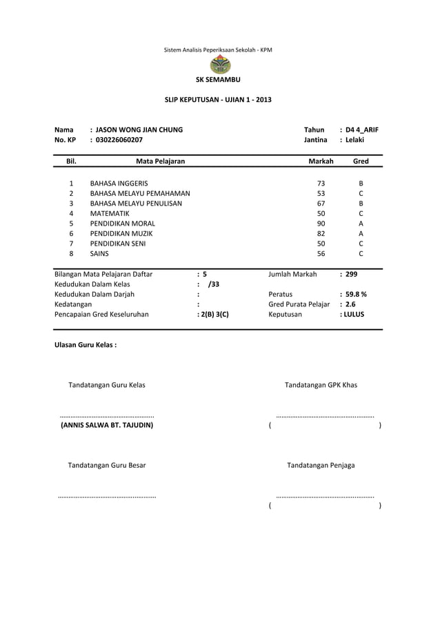 Slip Markah Peperiksaan Murid Inklusif (BP) | PDF