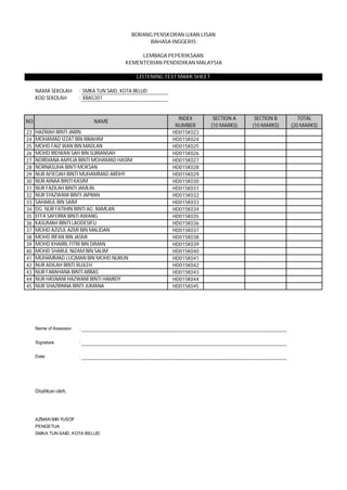 PT3 Oral Test Score Sheet (listening) | PDF