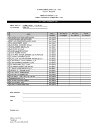 PT3 Oral Test Score Sheet (listening) | PDF