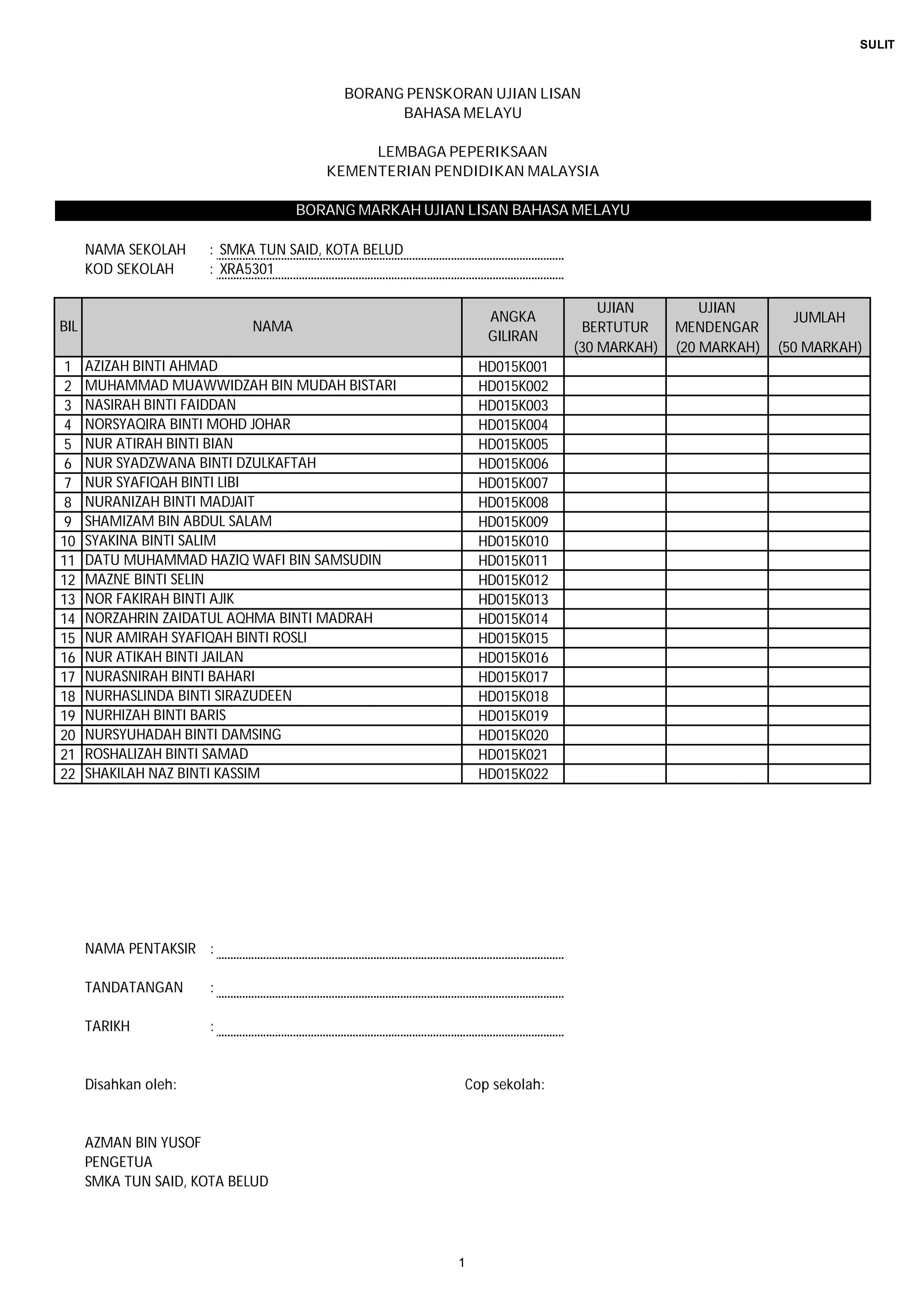 Borang Markah Ujian Lisan BM | PDF