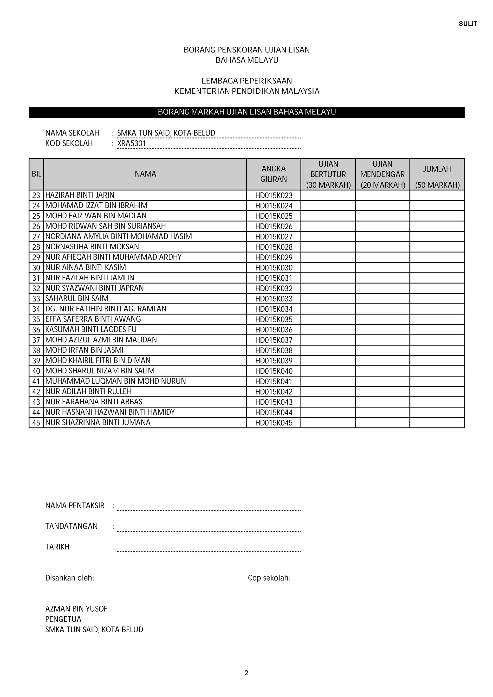 Borang Markah Ujian Lisan BM | PDF