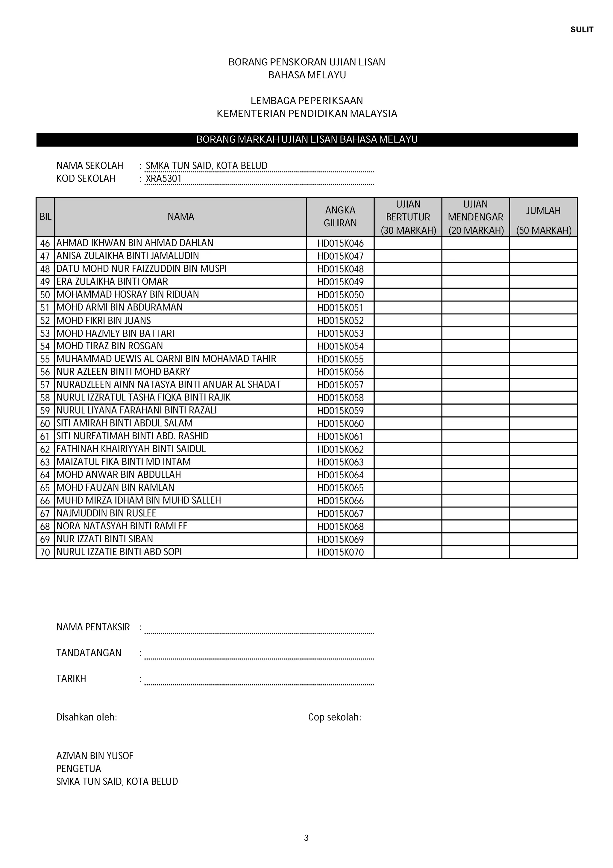 Borang Markah Ujian Lisan BM | PDF
