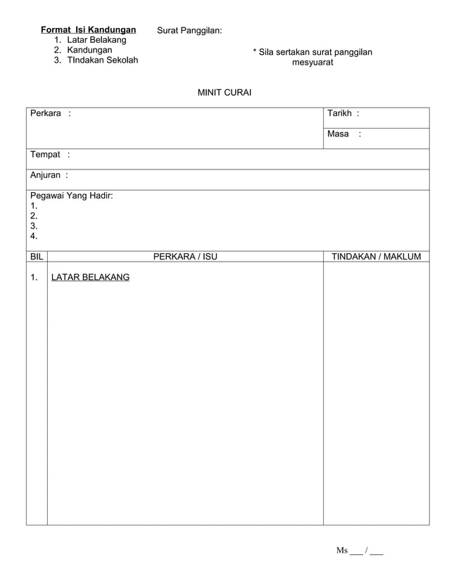 Borang minit curai kosong | DOC