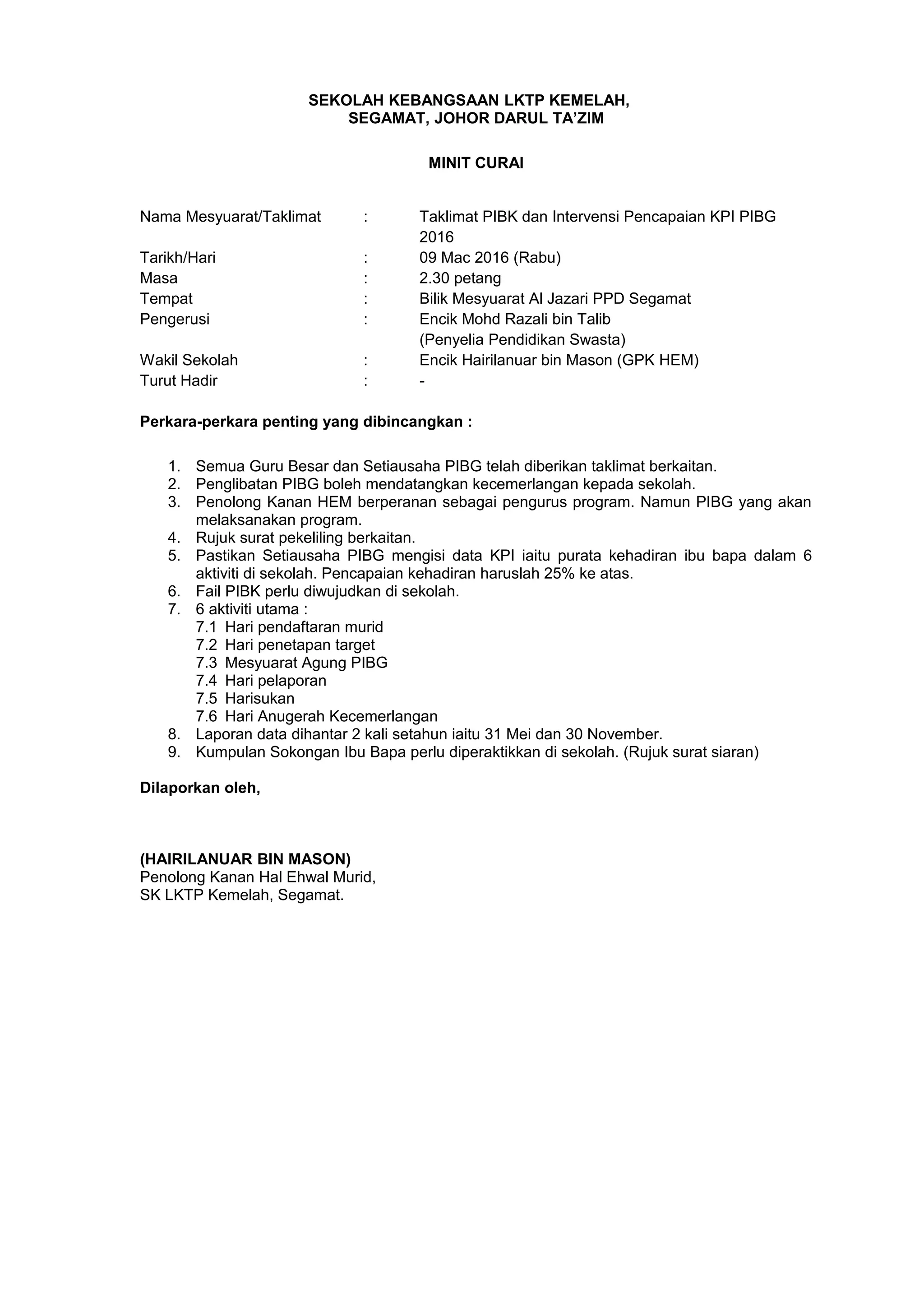 Borang minit curai taklimat pibk | PDF