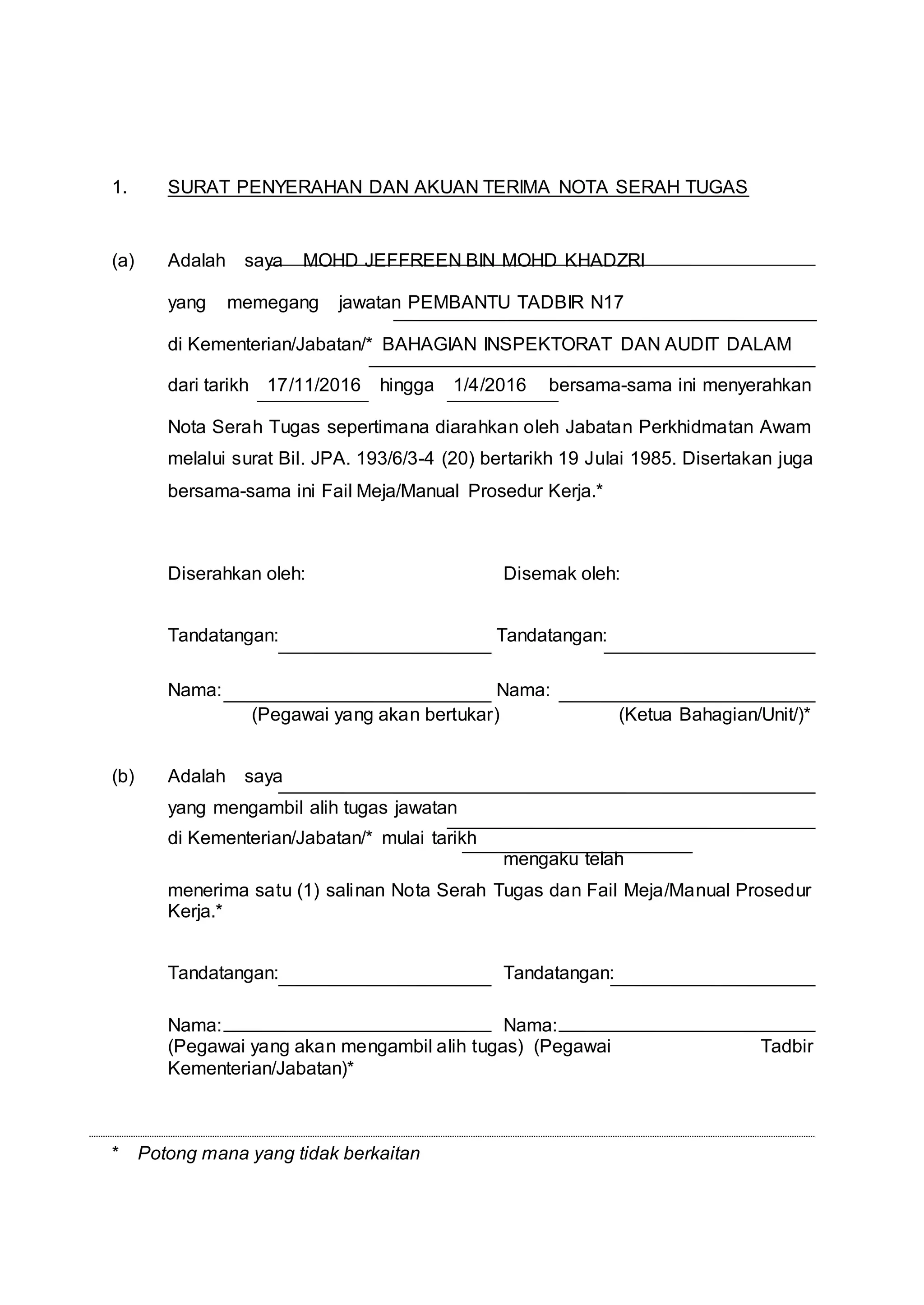 Borang nota serah tugas untuk pertukaran | DOCX