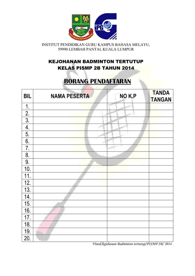 Borang pendaftaran badminton | DOCX