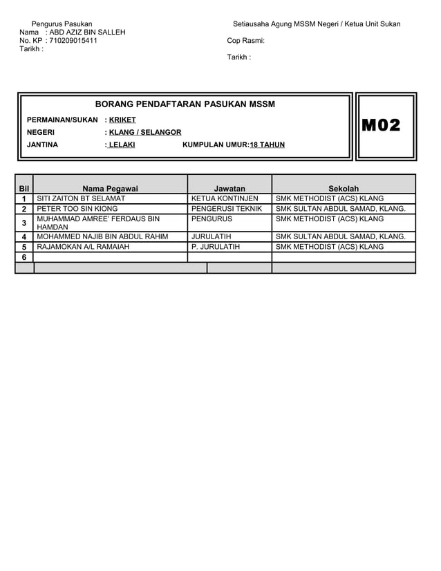 Borang pendaftaran m02 terkini | DOC