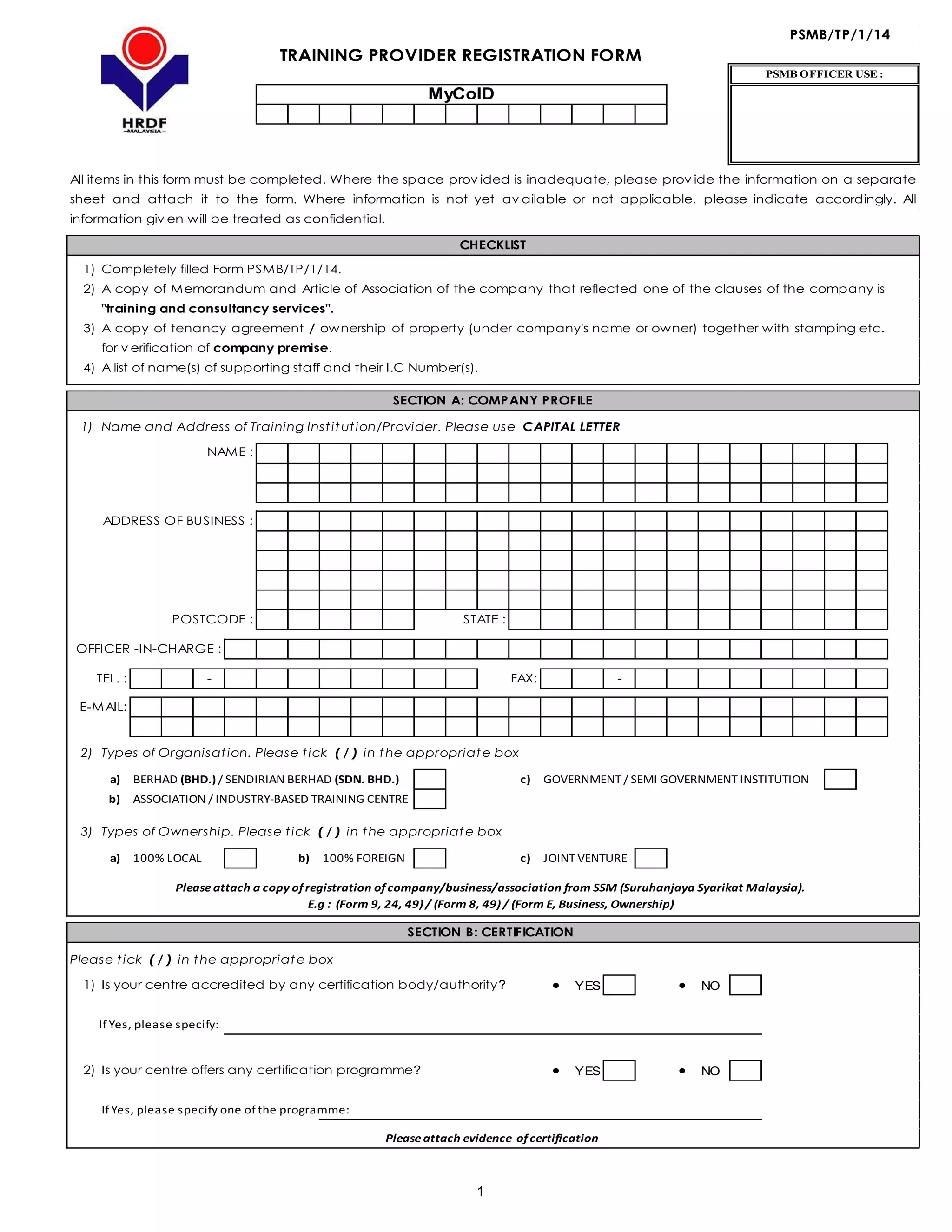 Borang pendaftaran penyedia latihan | PDF