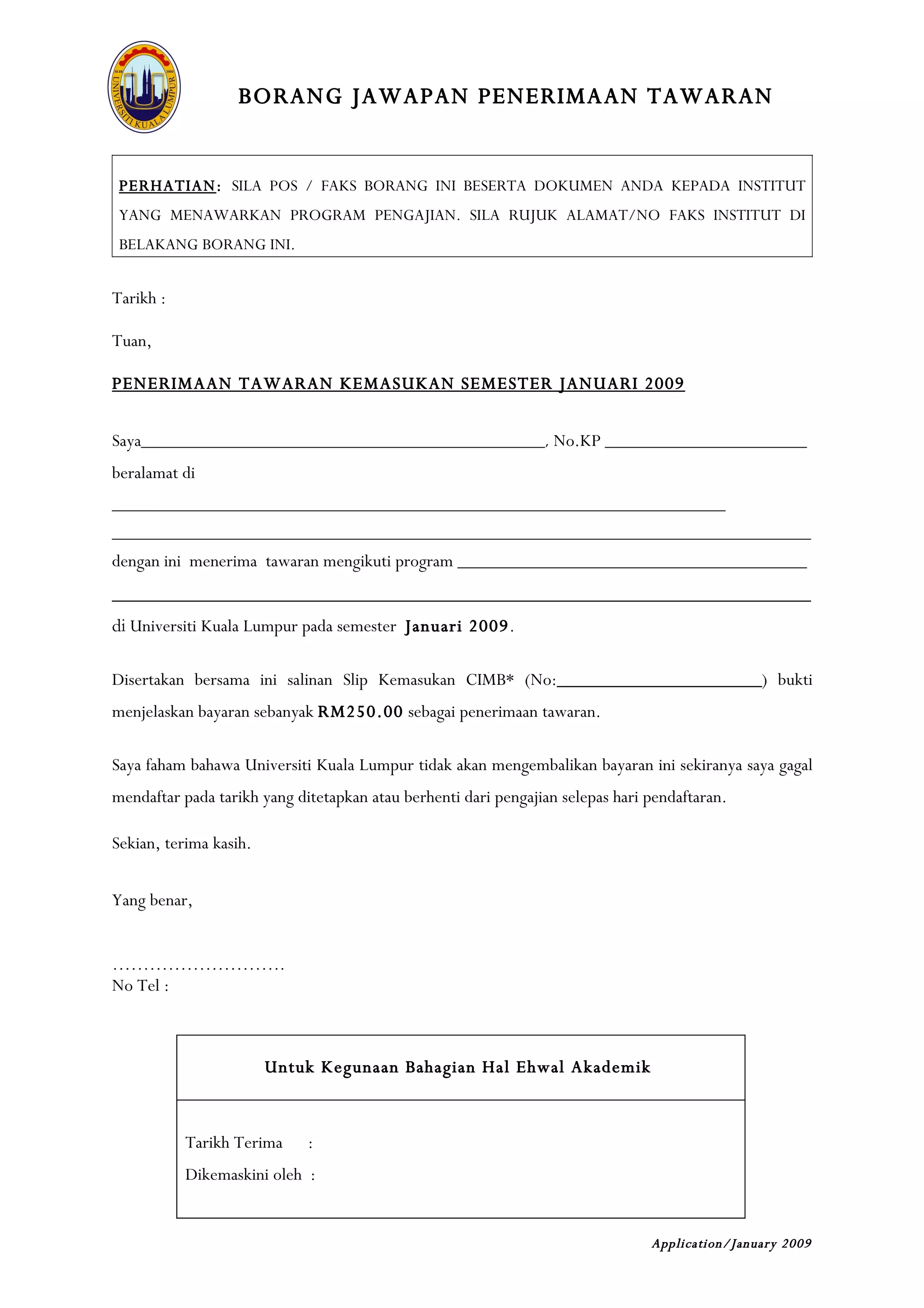 Borang Penerimaan Tawaran | DOC