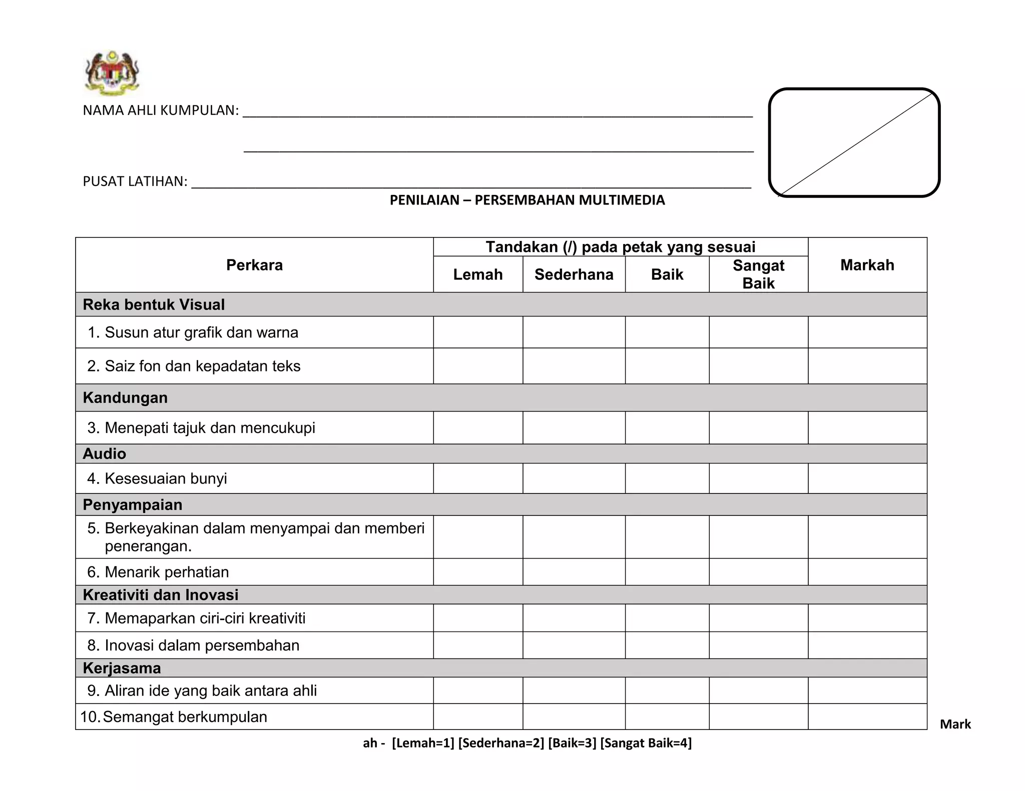 Slot 13: Rumusan Borang Penilaian (Hasil Pembentangan Kumpulan) | DOCX
