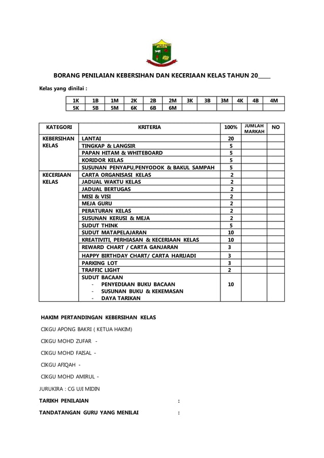 Borang penilaian kebersihan dan keceriaan kelas tahun 2019 | DOCX