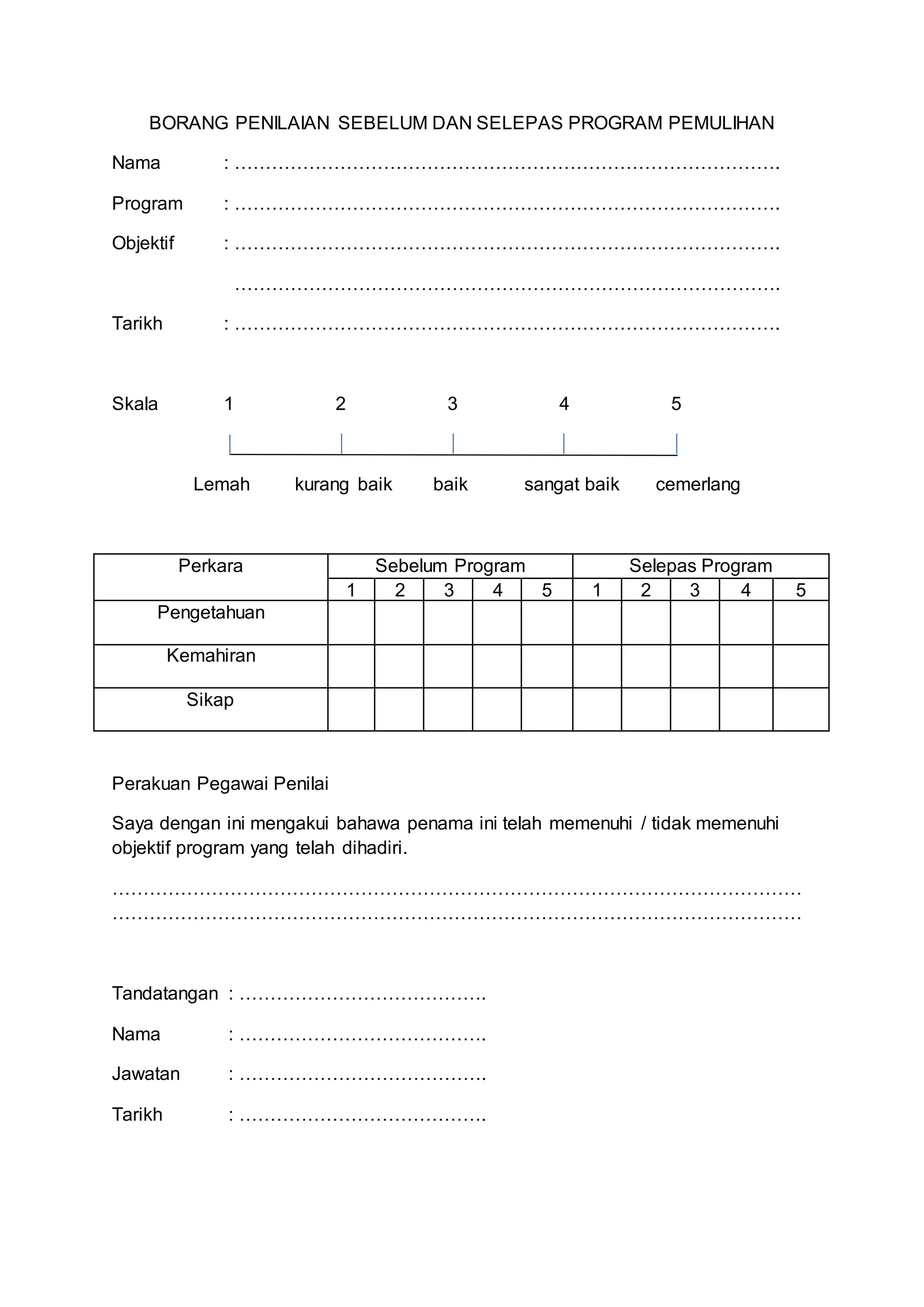 Borang penilaian sebelum dan selepas program pemulihan | PDF
