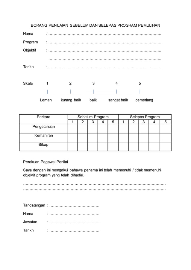 Borang penilaian sebelum dan selepas program pemulihan | PDF