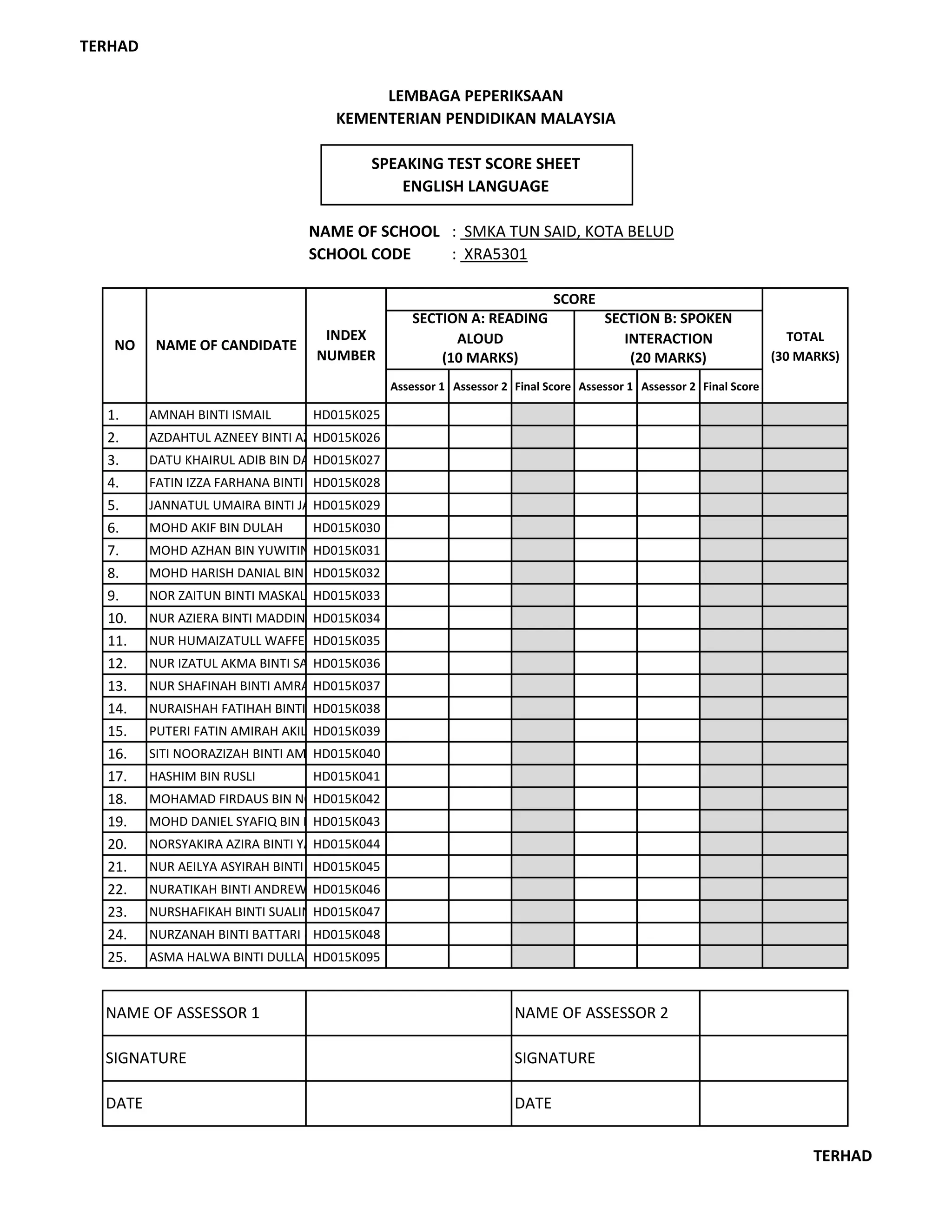 Borang Penskoran Ujian Lisan Bertutur BI | PDF