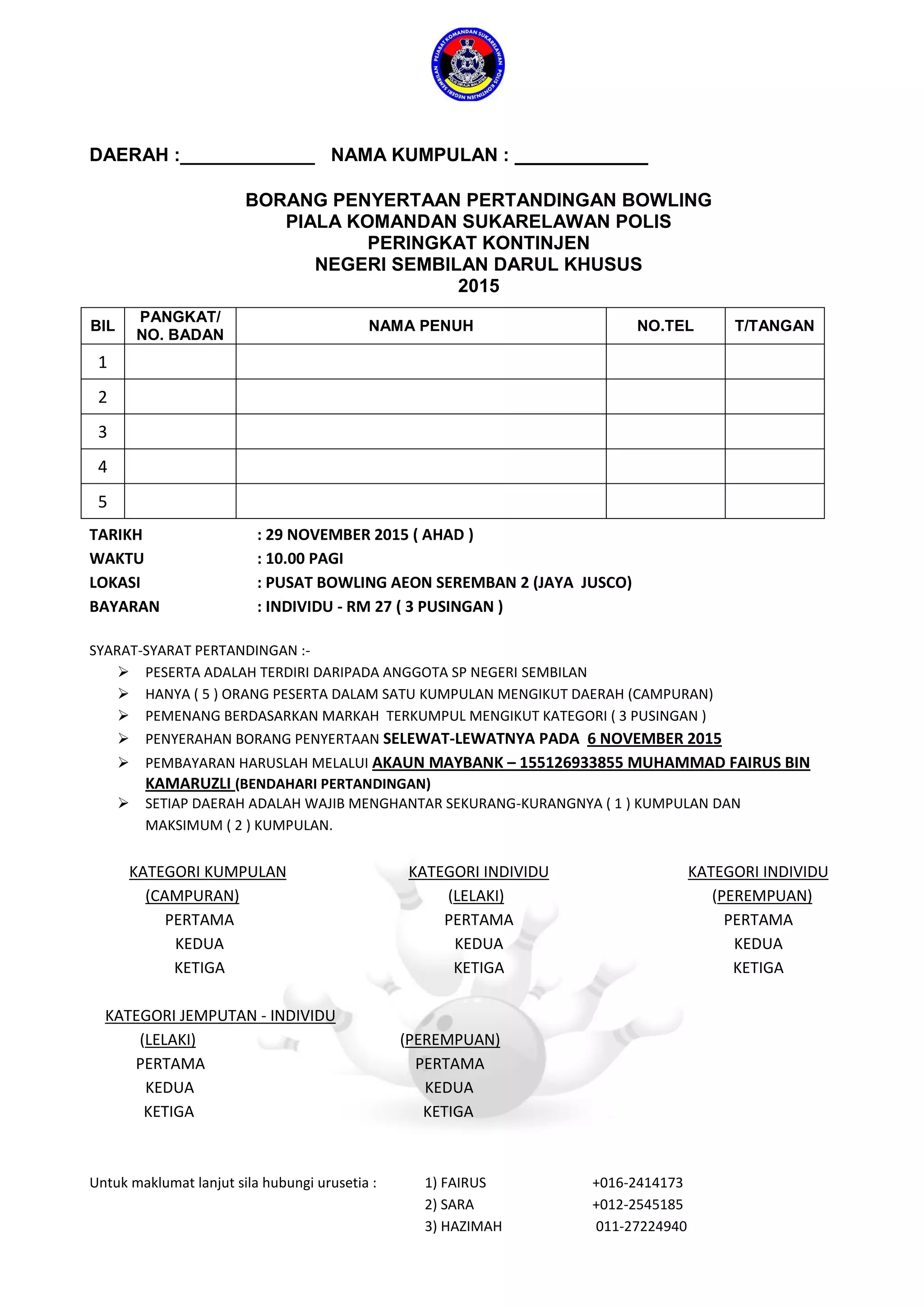 Borang penyertaan bowling 2015 | PDF