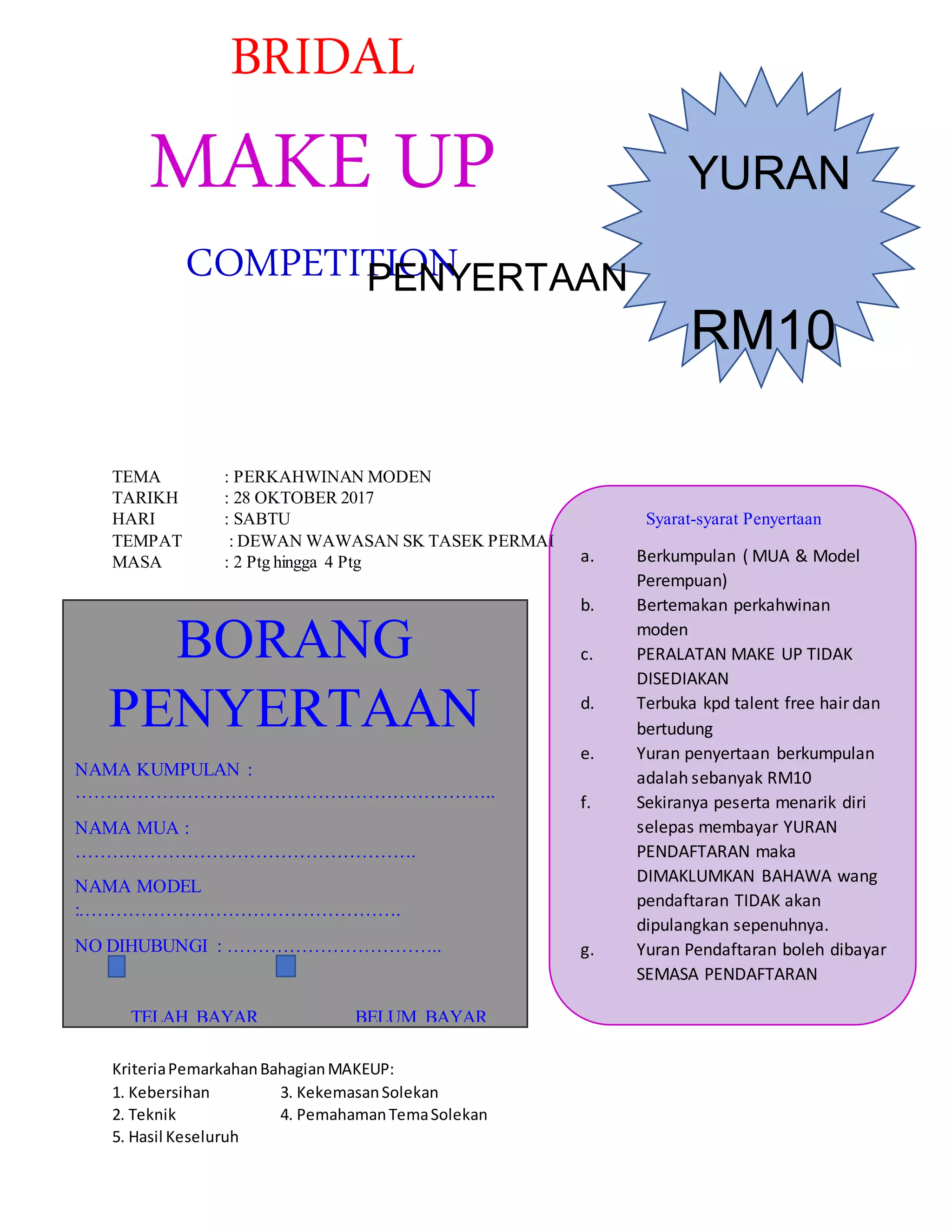 Borang penyertaan bridal makeup competition | DOCX