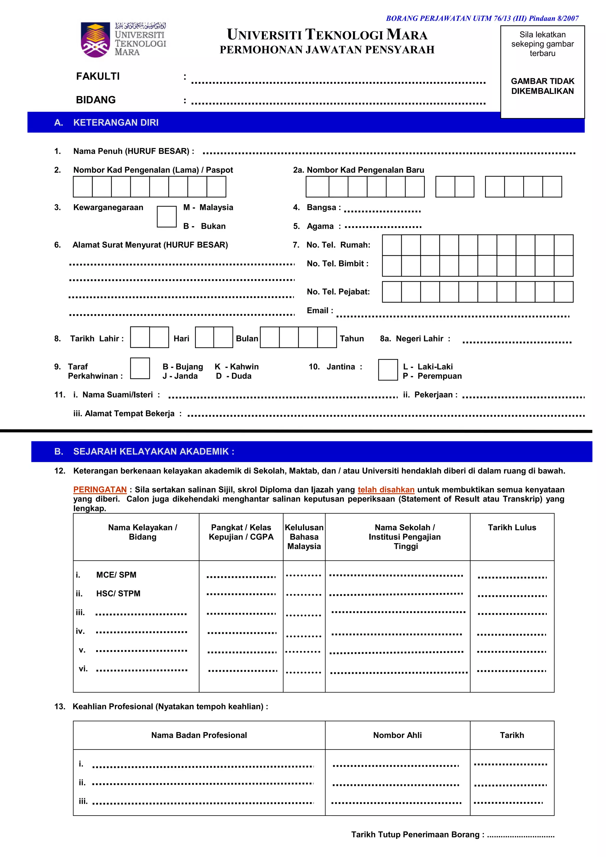 Borang permohonanakademikuitm 2013 | PDF