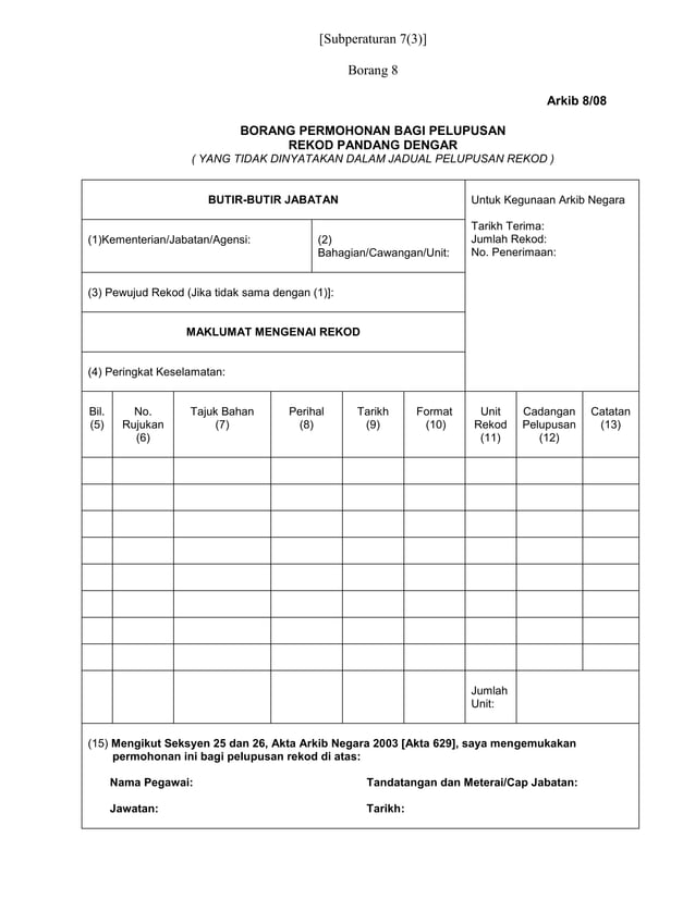 Borang permohonan bagi pelupusan rekod pandang dengar (yang tidak di ...