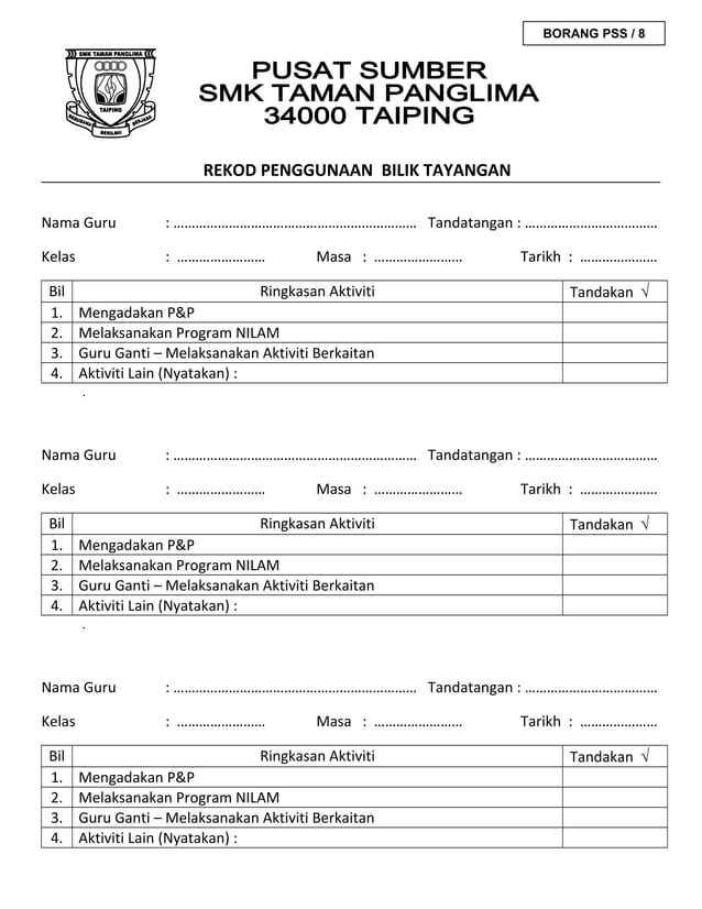 Borang pss 8 penggunaan bilik tayangan - june 2009 | DOC