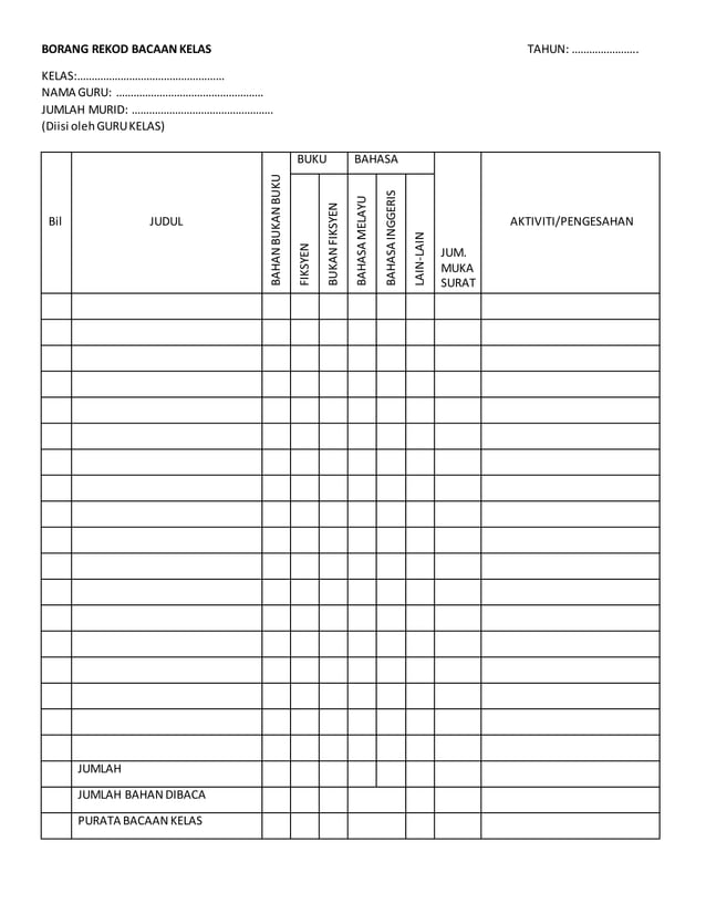 Borang rekod bacaan murid | PDF