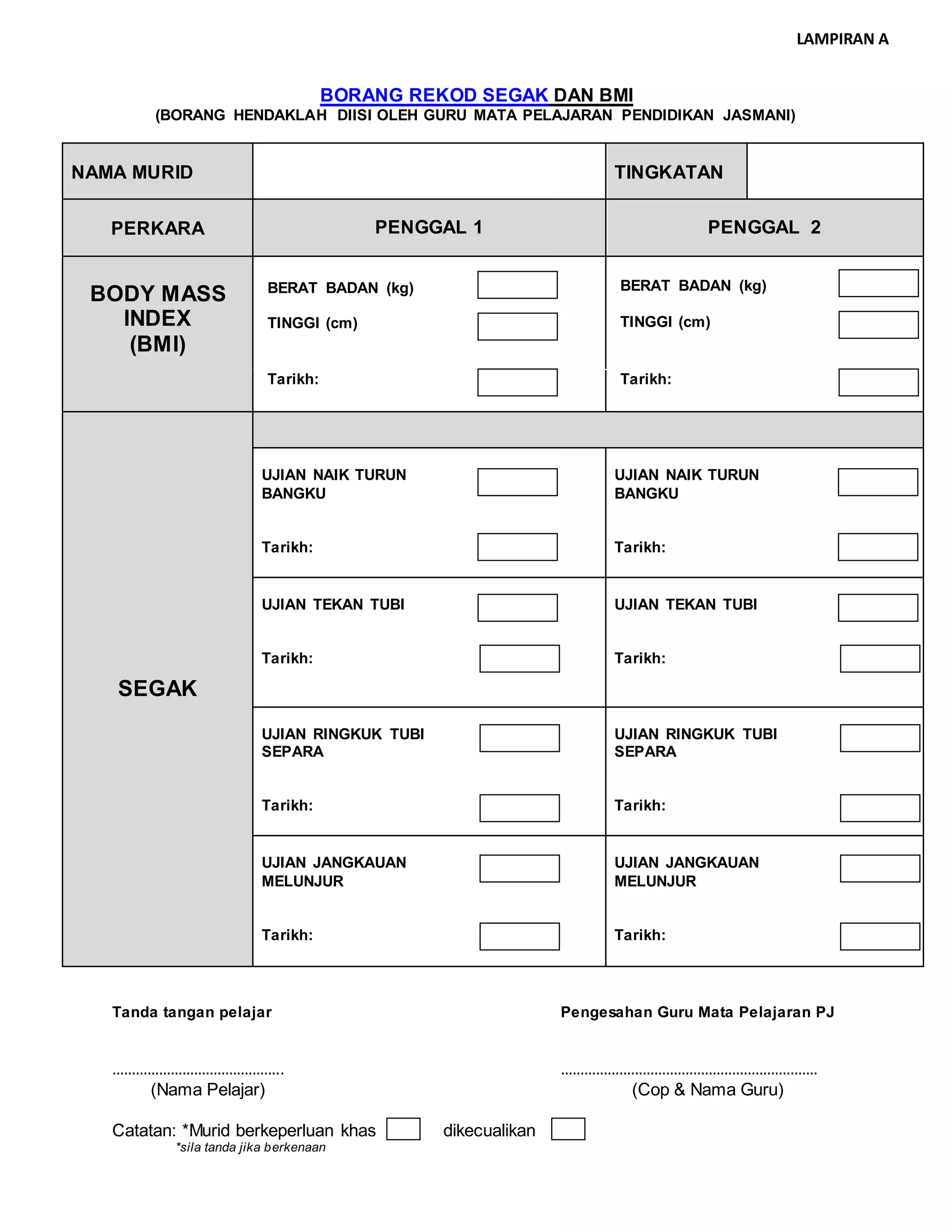 Borang rekod segak dan bmi | DOCX