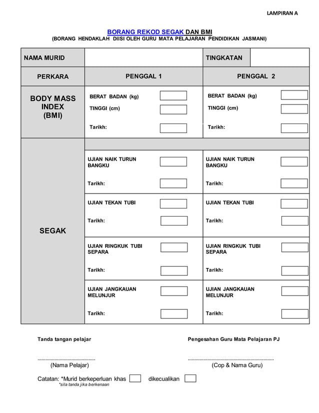 Borang rekod segak dan bmi | DOCX