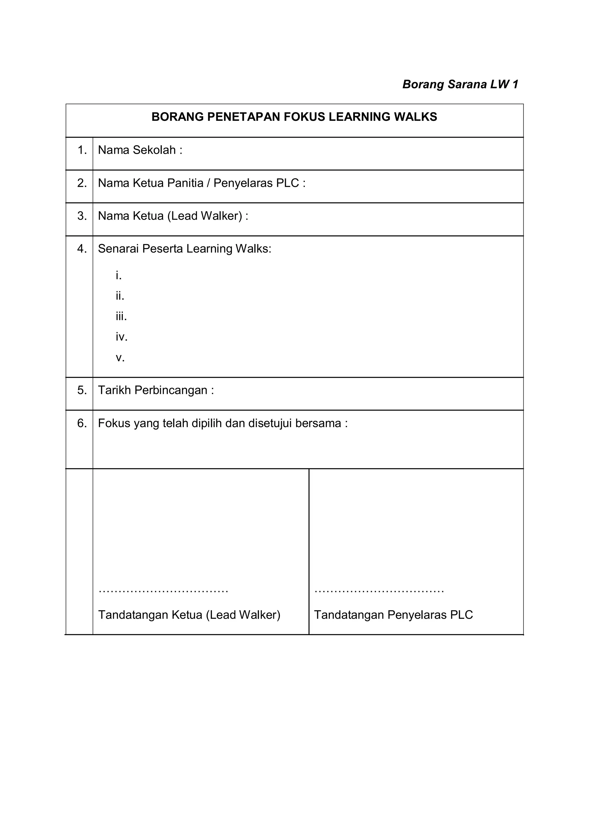 Borang sarana Learning Walk | PDF