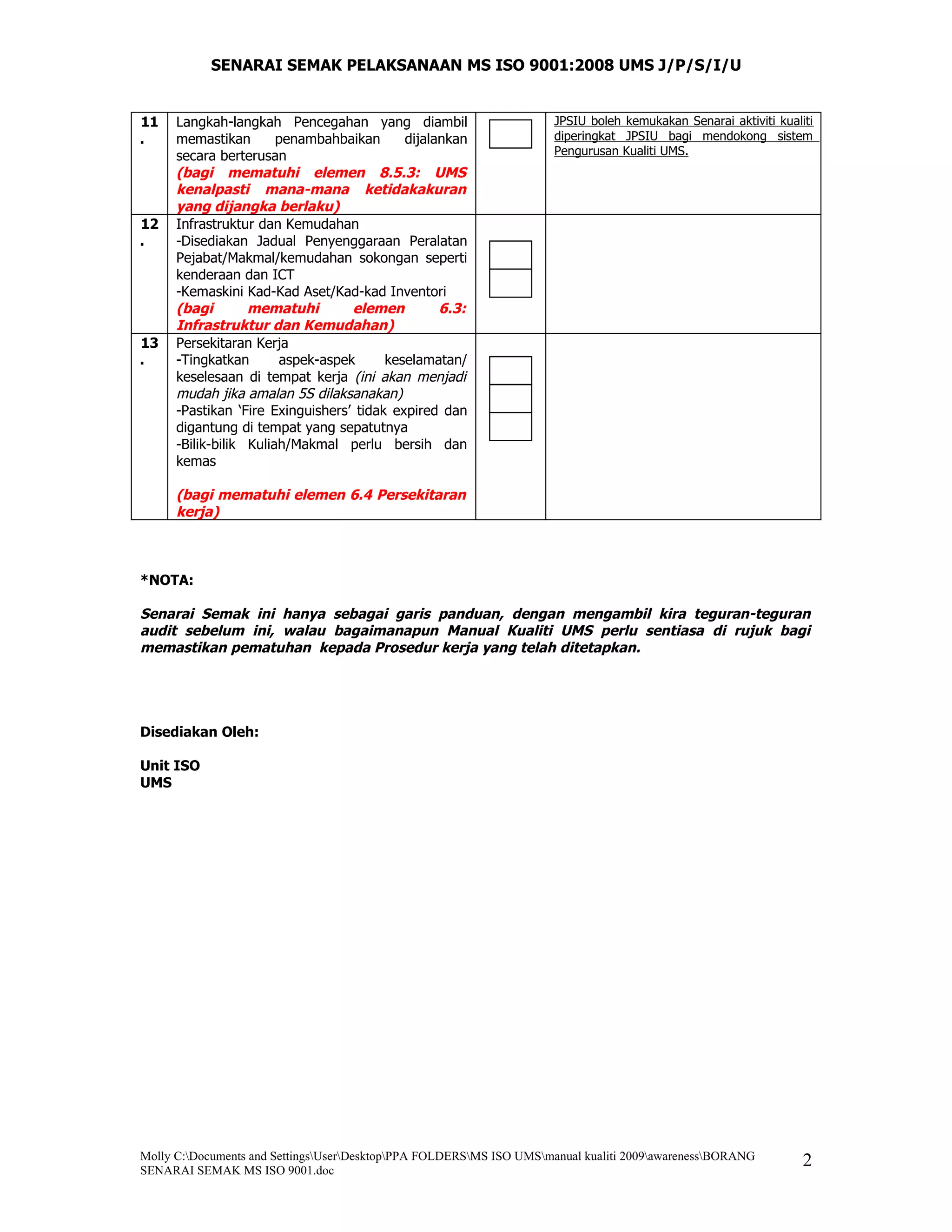 Borang senarai semak audit dalam jpisu | DOC
