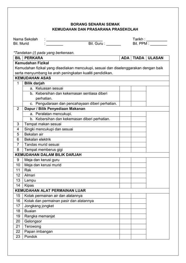 BORANG SENARAI SEMAK KEMUDAHAN DAN PRASARANA | DOCX