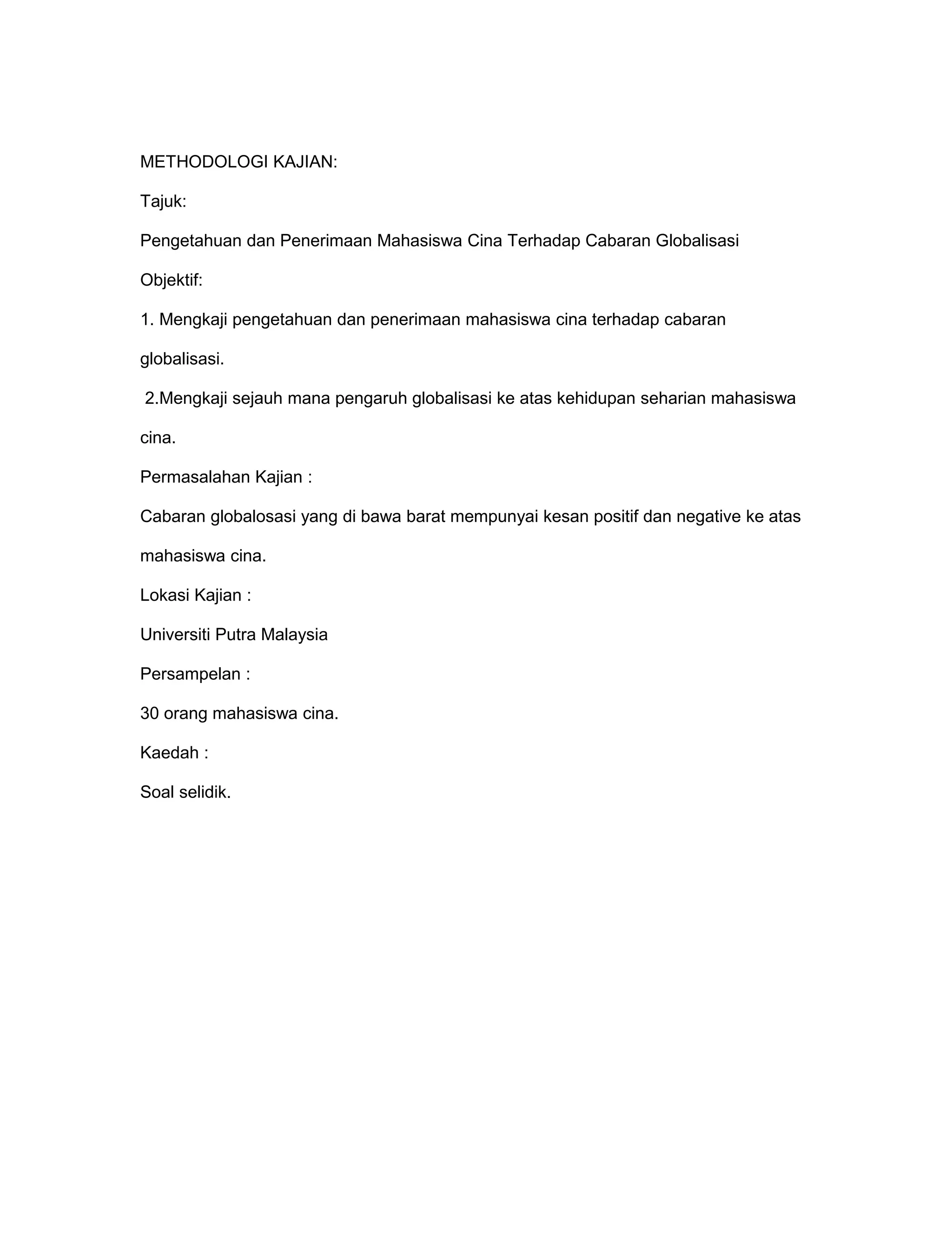 Borang Soal Kaji Selidik,Pengetahuan Dan Penerimaan Mahasiswa Cina Terhadap Cabaran Globalisasi ...