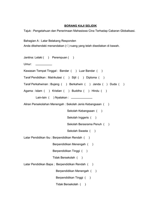 Borang Soal Kaji Selidik,Pengetahuan Dan Penerimaan Mahasiswa Cina Terhadap Cabaran Globalisasi ...