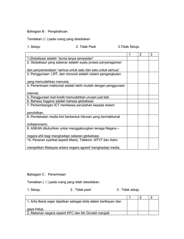Borang Soal Kaji Selidik,Pengetahuan Dan Penerimaan Mahasiswa Cina Terhadap Cabaran Globalisasi ...