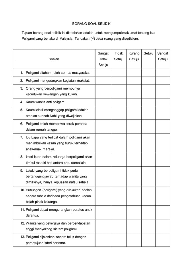 Contoh Borang Soal Selidik Poligami | DOCX