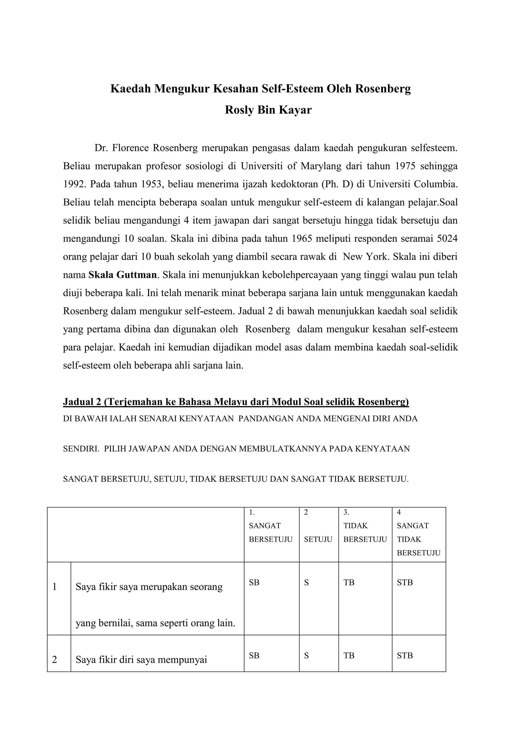 Borang soal selidik resernberg self esteem | PDF