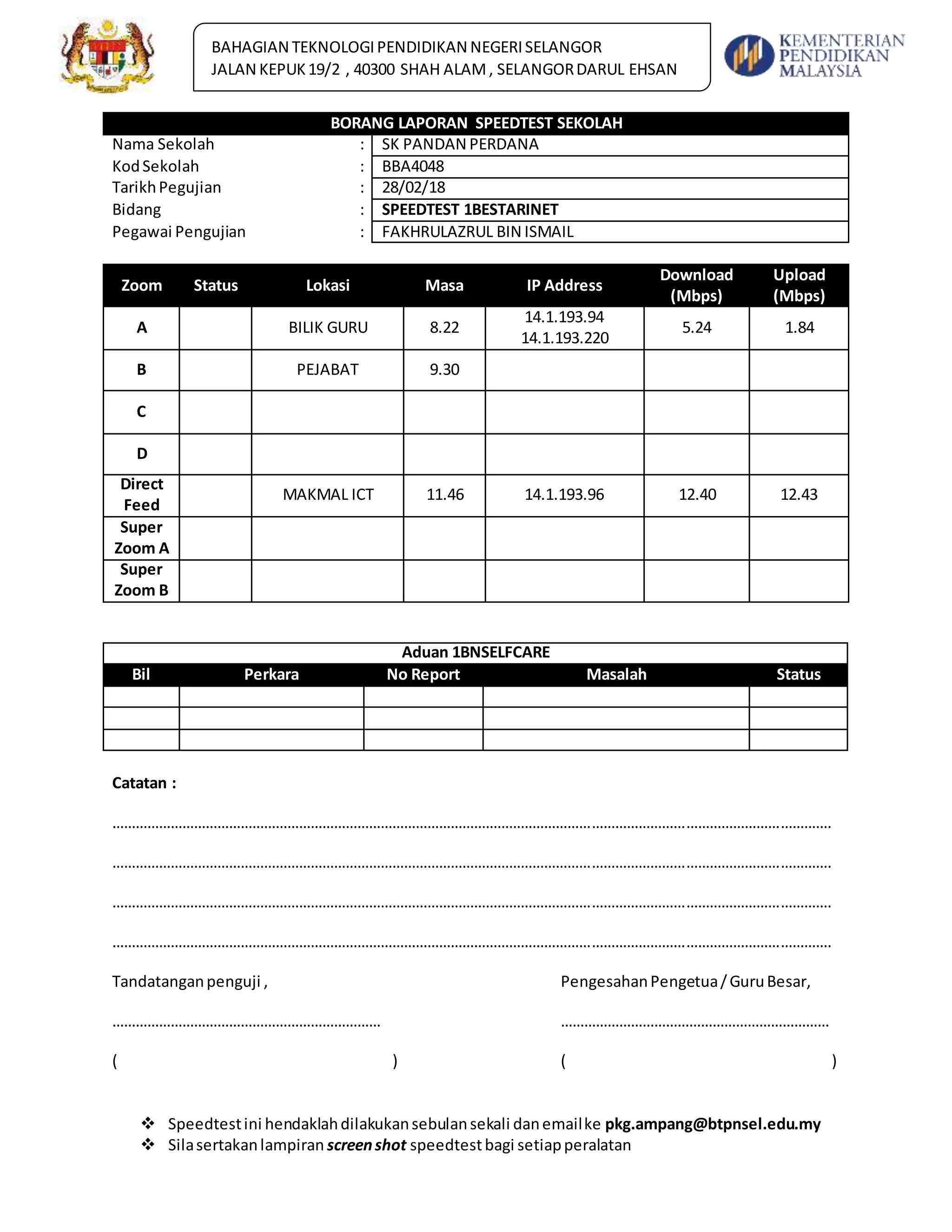 Borang speedtest sekolah | DOCX
