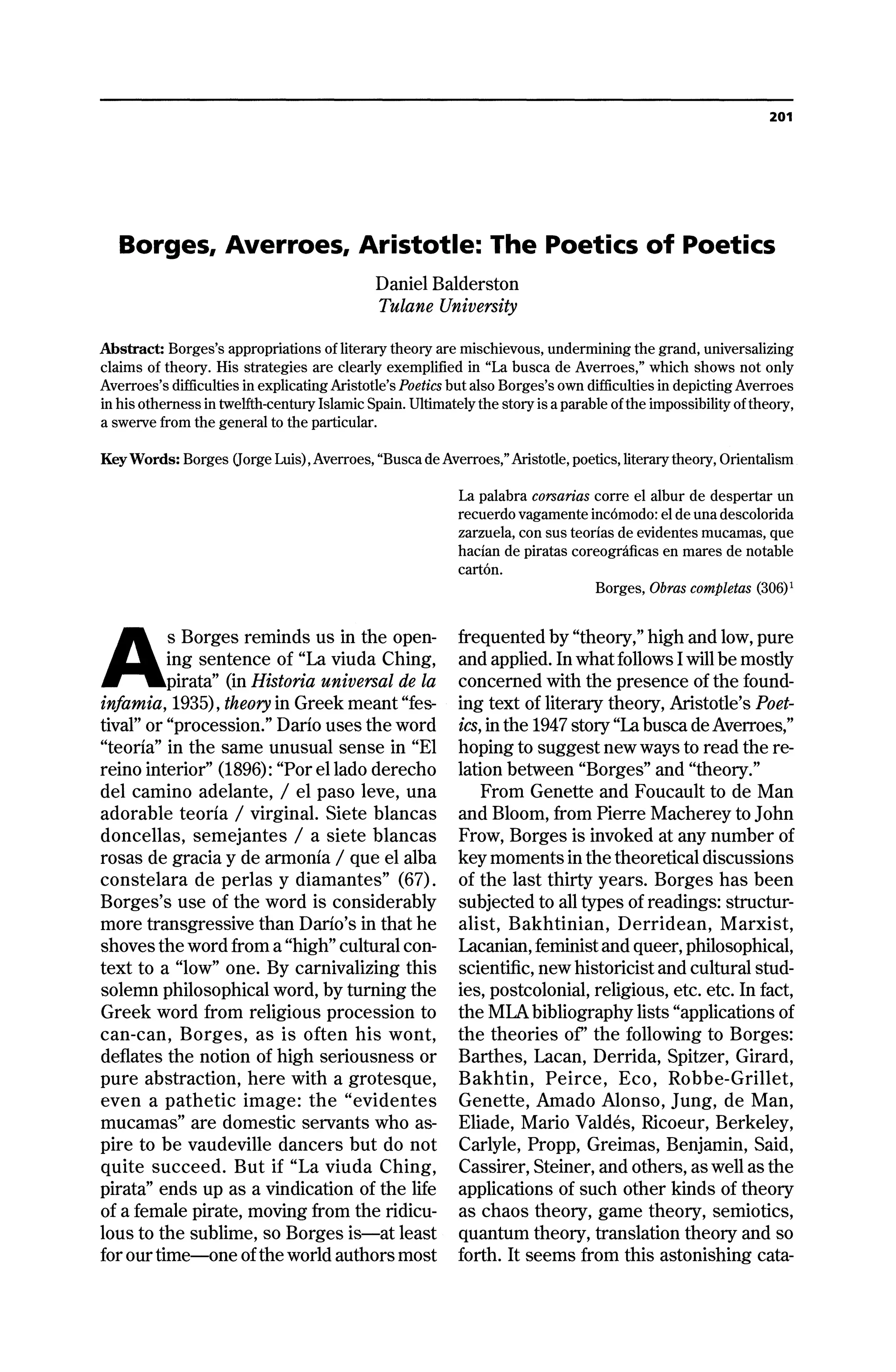 Borges, averroes, aristotle, by daniel balderston | PDF