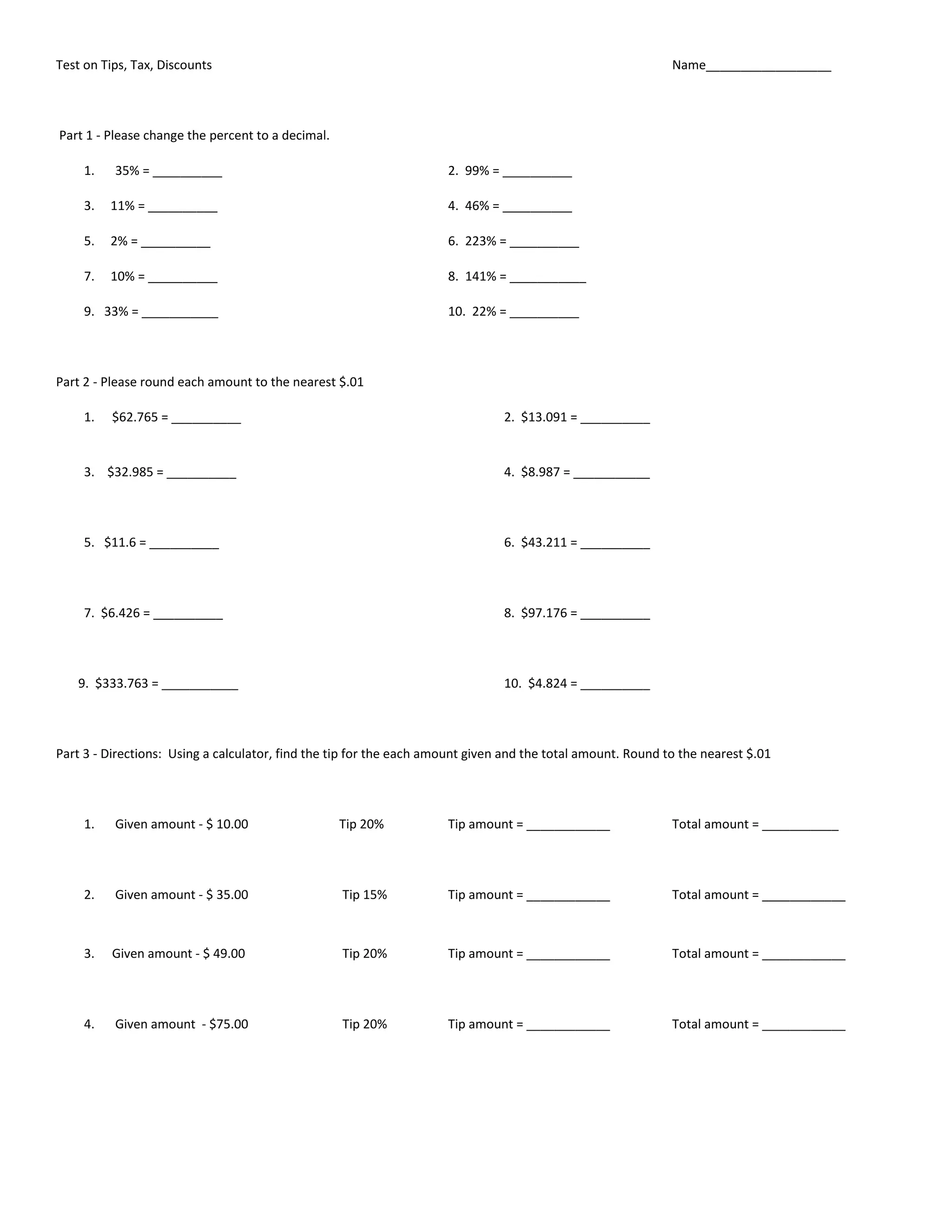 Boring test on tax, tips, discounts | PDF