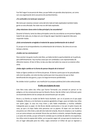 ensayo de lectura " El niño de la pijama de rayas" | DOC