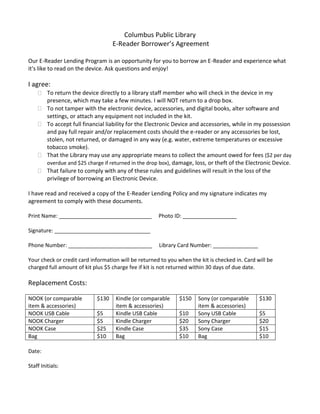Columbus Public Library eReader Borrower's Agreement | PDF