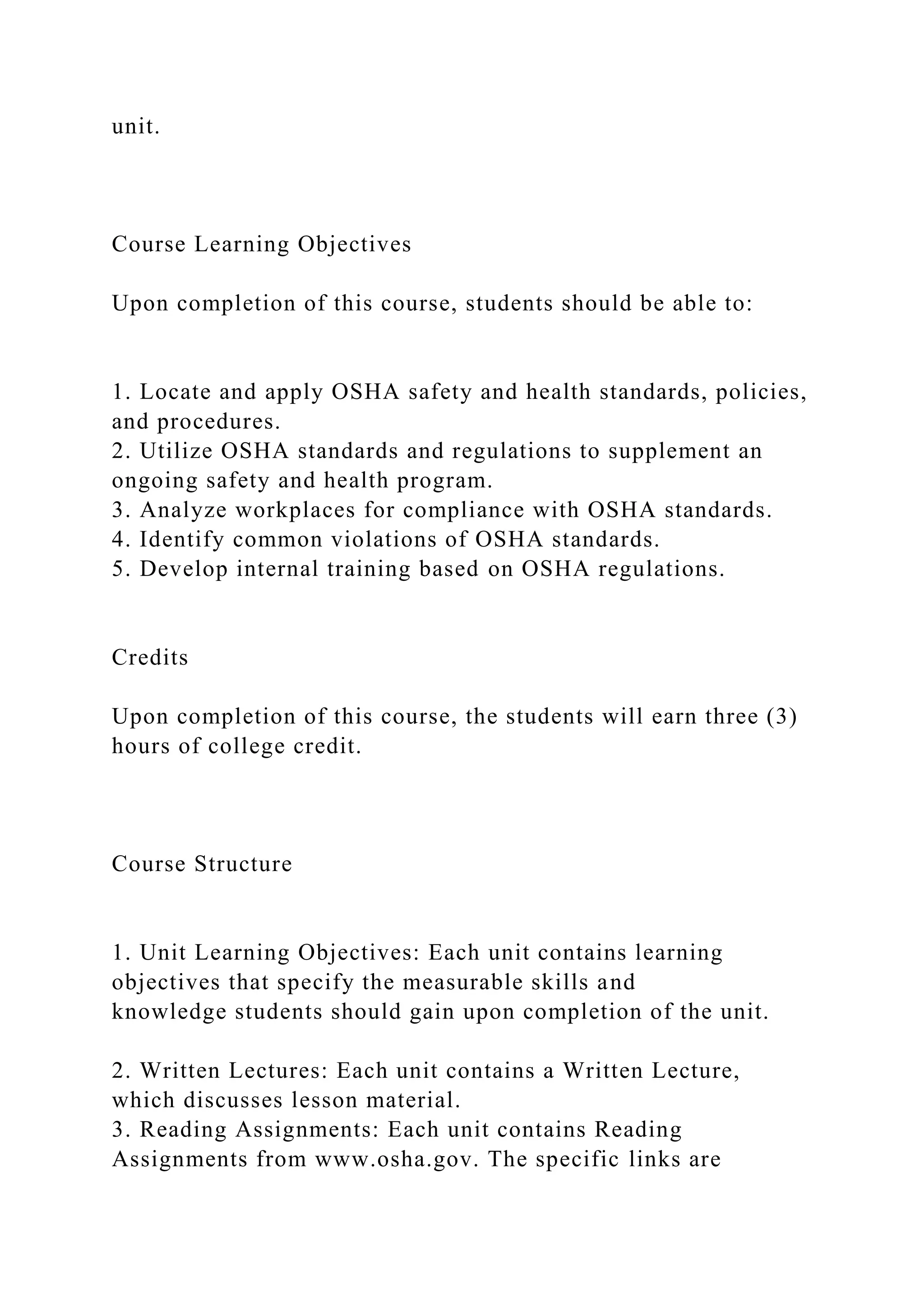 BOS 4025, OSHA Standards 1 Learning Objectives .docx