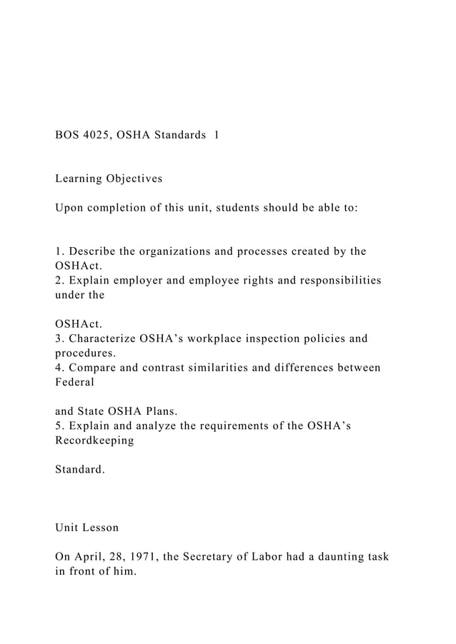 BOS 4025, OSHA Standards 1 Learning Objectives .docx