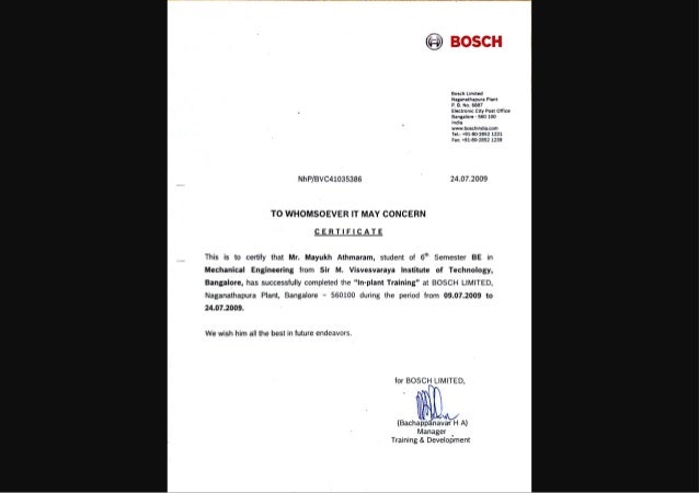 Bosch certificate for in plant training